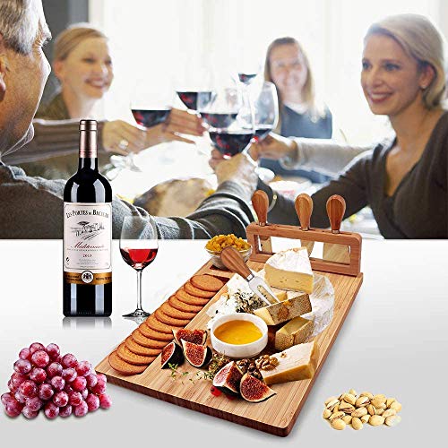 Bamboo Cheese Board Meat Charcuterie Platter Serving Tray W/ 4 Tableware Stainless Steel Knife, Home Kitchen Food Server Plate Cutter Cutlery Tool, Entertain Family Friend Guest as a Gift (14''x11'')