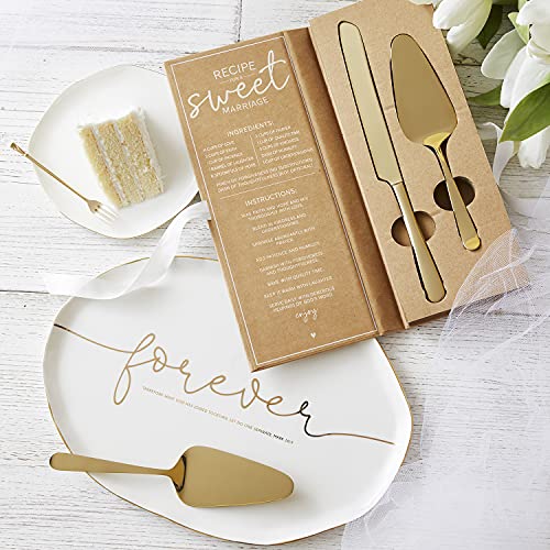 Creative Brands Corrugated Book Box Gift Set by Faithworks, 2-Piece, Wedding Cake Server & Knife - Champagne Gold