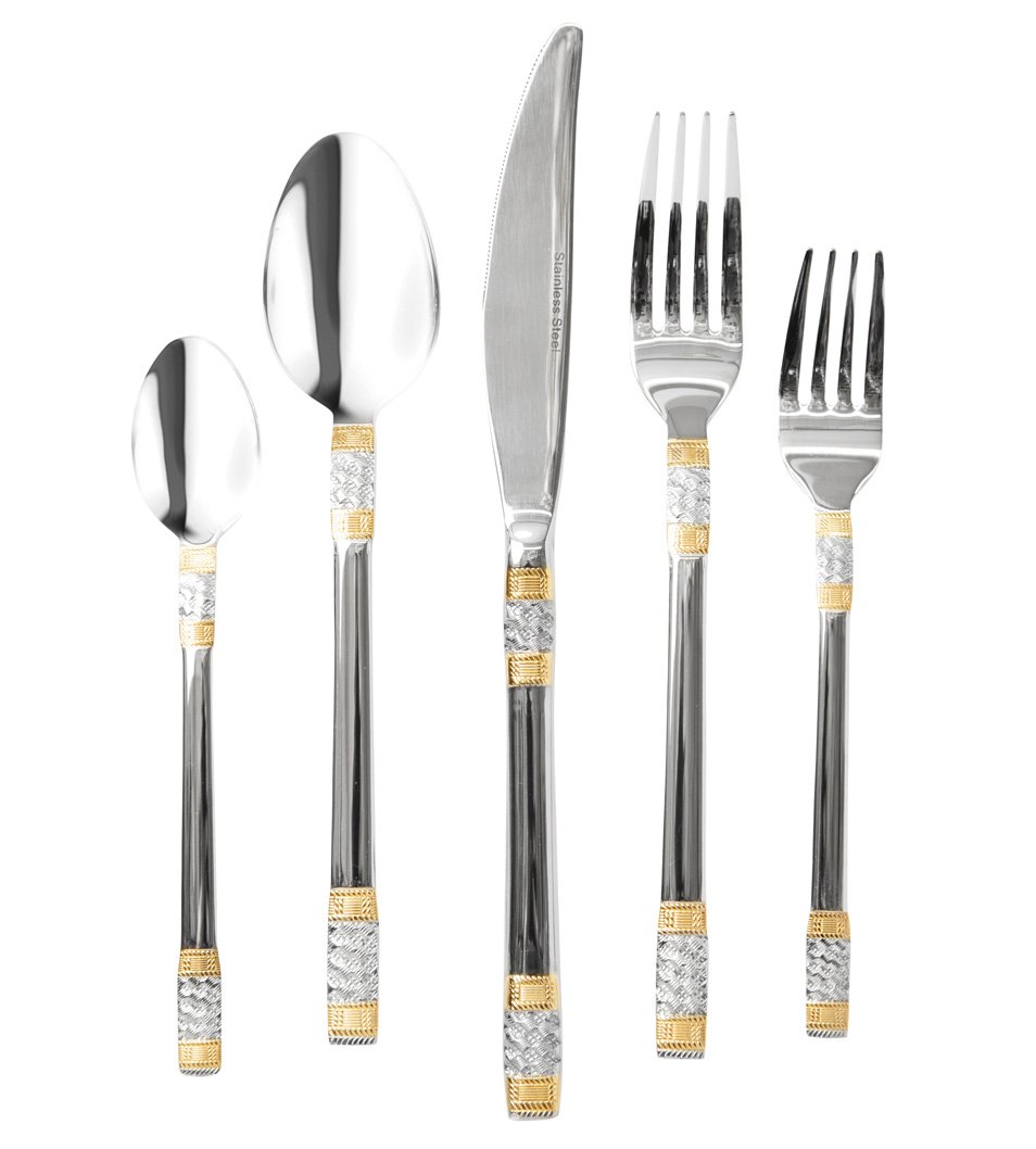 Venezia Collection 'Milano' 40-Pcs. Fine Flatware Set, Silverware Cutlery Dining Service for 8, Premium 18/10 Surgical Stainless Steel, 24K Gold-Plated Trim