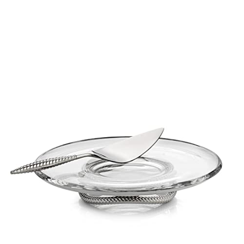 nambe Braid Pedestal Glass Cake Plate with Cake Server | Serving Platter for Cupcakes, Cookies, Birthday Cake | Dessert Display Stand for Parties, Weddings, and Gift | Dishwasher Safe (Silver)