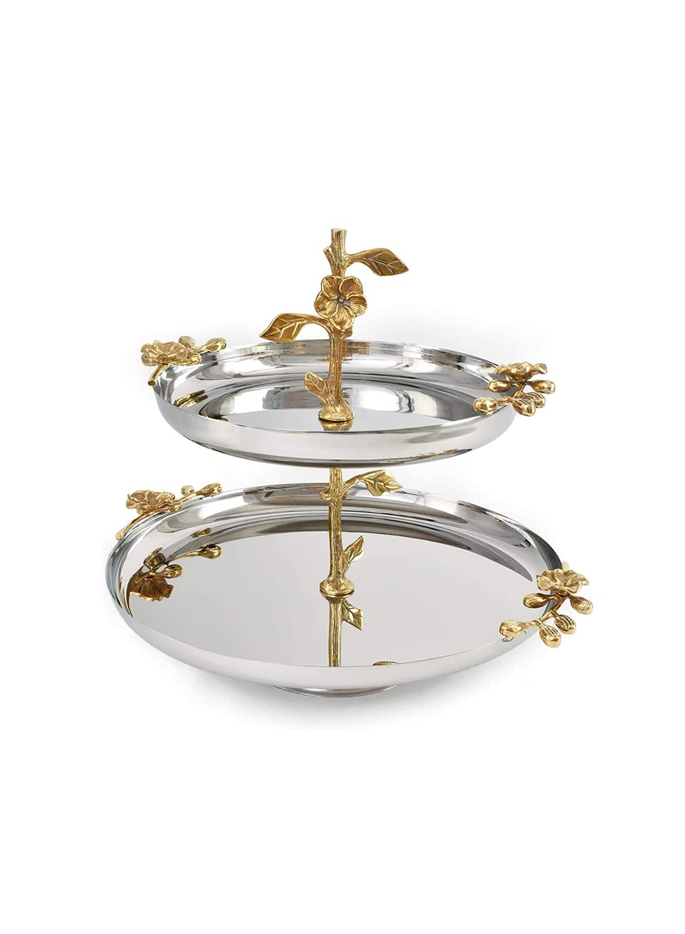 Serene Spaces Living Orchid Stem Two Tiered Serving Stand, Stainless Steel Display Tray for Fruits, Cookies, Macarons, Cakes, Pastry, Appetizer, 12" Tall, Tiers- 10" & 12.5" Diameter