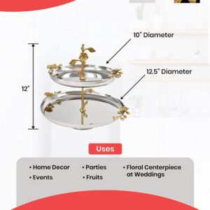 Serene Spaces Living Orchid Stem Two Tiered Serving Stand, Stainless Steel Display Tray for Fruits, Cookies, Macarons, Cakes, Pastry, Appetizer, 12" Tall, Tiers- 10" & 12.5" Diameter