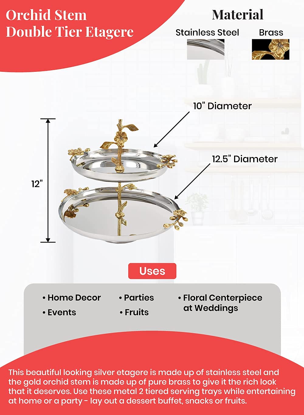 Serene Spaces Living Orchid Stem Two Tiered Serving Stand, Stainless Steel Display Tray for Fruits, Cookies, Macarons, Cakes, Pastry, Appetizer, 12" Tall, Tiers- 10" & 12.5" Diameter