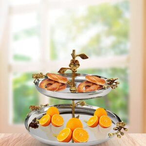 Serene Spaces Living Orchid Stem Two Tiered Serving Stand, Stainless Steel Display Tray for Fruits, Cookies, Macarons, Cakes, Pastry, Appetizer, 12" Tall, Tiers- 10" & 12.5" Diameter