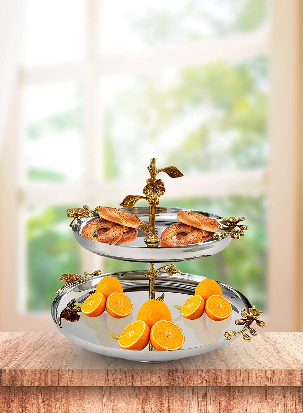 Serene Spaces Living Orchid Stem Two Tiered Serving Stand, Stainless Steel Display Tray for Fruits, Cookies, Macarons, Cakes, Pastry, Appetizer, 12" Tall, Tiers- 10" & 12.5" Diameter