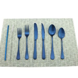 uniturcky durable silverware flatware cutlery set, food safe grade stainless steel utensils 24-piece service for 4,include knife/fork/spoon/metal straws/cleaning brus, dishwasher safe (matte blue)