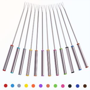 fondue forks set, 12 color coding stainless steel meat forks with heat resistant handle, length 9.5 inch