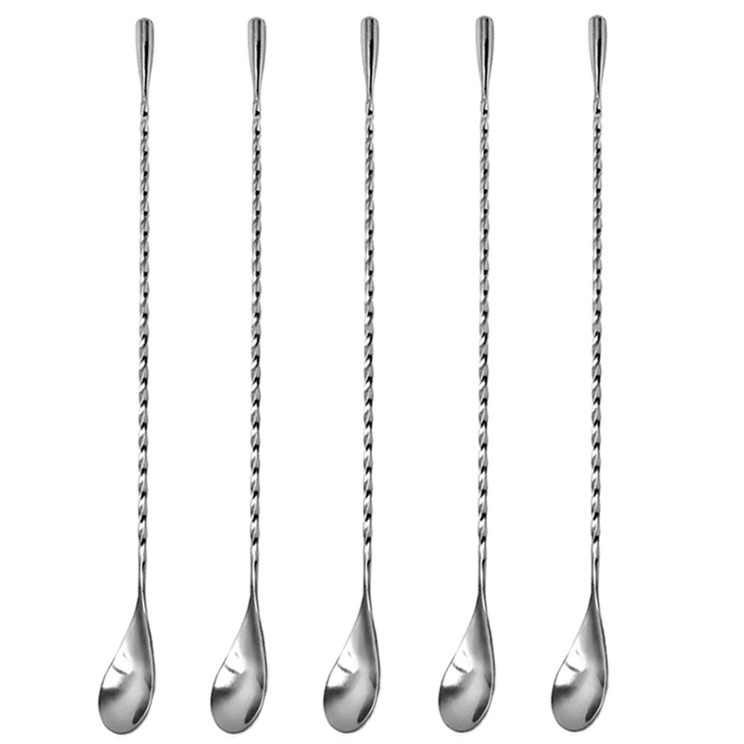 Hoshen 12 Inch Stainless Steel Long-Handled Spiral Twisted Spoon, Cocktail Mixing Spoon - 5 PCS