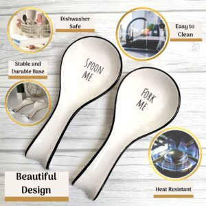 OAKOA 2 Pack Spoon Rest for Stove Top - Fork Me Spoon Me - Kitchen Spoon Holder for Kitchen Counter - Ceramic Ladle Holder - White Utensil Rest for Countertop - Cute Funny Farmhouse Spatula Holder