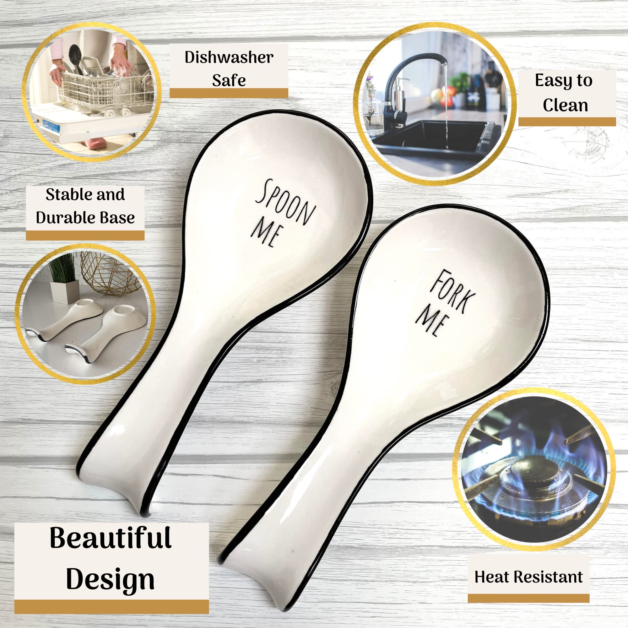 OAKOA 2 Pack Spoon Rest for Stove Top - Fork Me Spoon Me - Kitchen Spoon Holder for Kitchen Counter - Ceramic Ladle Holder - White Utensil Rest for Countertop - Cute Funny Farmhouse Spatula Holder