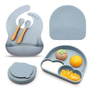 smorebaby 4pcs baby silicone feeding set toddler plates bib spoon fork with suction utensils toddlers baby-led boys girls eating supplies (dust blue, dusty blue