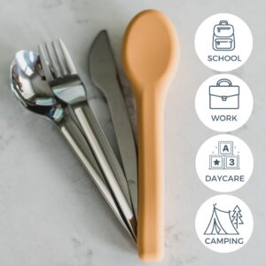 DREAMROO Travel Utensil Flatware Set - Portable Cutlery set design for Travel, School, Work and Outdoor- Stainless Steel Spoon, Fork, & Knife with Silicone Case (Yellow)