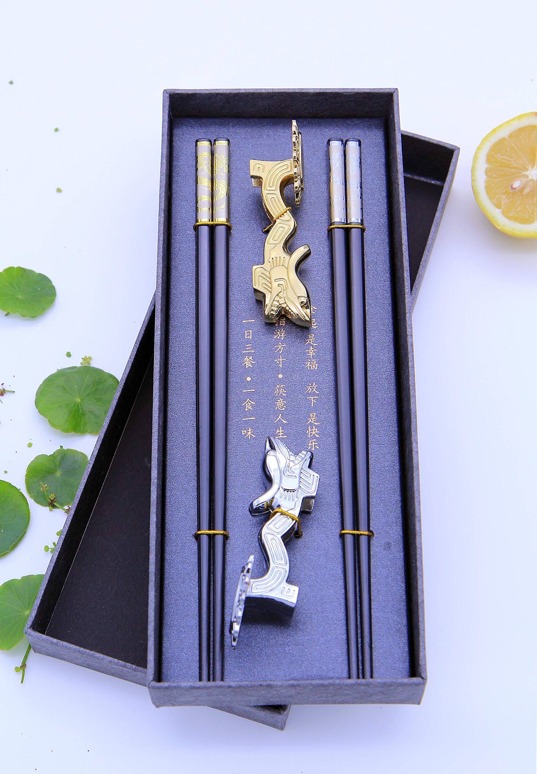 Chopsticks, fiberglass chopsticks are reusable, with chopstick rest, dishwasher safe. Chinese luxury chopsticks gift box set. 2 pairs (gold, silver) 1 portable beautiful storage bag