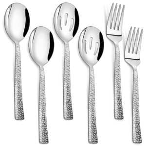 haware hammered serving utensils set, 6-piece stainless steel square hostess serving set include serving spoon, fork, slotted spoon for party buffet banquet catering, mirror polished, dishwasher safe