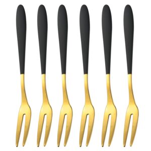 zzlzx 6pcs black and gold fruit fork, stainless steel tea fork set, small cake fork, fruit forks, mini cocktail fruit dessert tasting fork