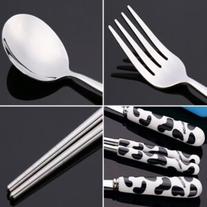 OLizee® Cute Creative Cow Pattern Design Flatware Set of 3 Ceramics Handle Stainless Steel Spoon Fork Chopsticks for Traveling Portable Lovely Animals Korean Tableware Set (Black)