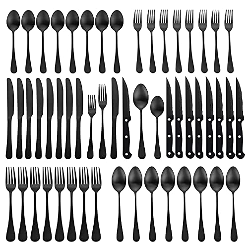 Matte Black Silverware Set with Steak Knives, 48 Pieces Stainless Steel Flatware Cutlery Set for 8， Hand Wash Recommended (Black)