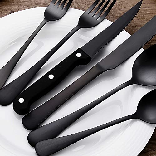 Matte Black Silverware Set with Steak Knives, 48 Pieces Stainless Steel Flatware Cutlery Set for 8， Hand Wash Recommended (Black)