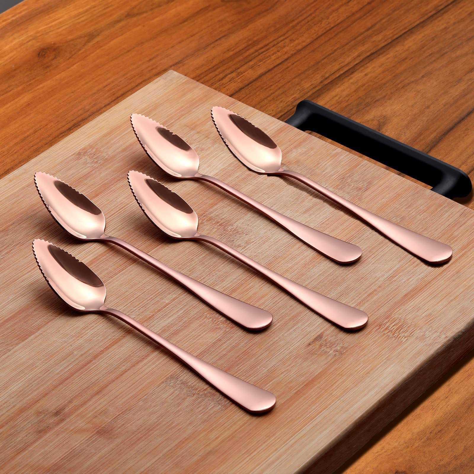 5 PCS Grapefruit Spoons, Stainless Steel Grapefruit Spoon Utensil Set, Serrated Edge & Thick Gauge Handle, Rose Gold Kitchen Tool with Non-stick Plating for Kiwi, Dessert, Apple, Citrus Fruit