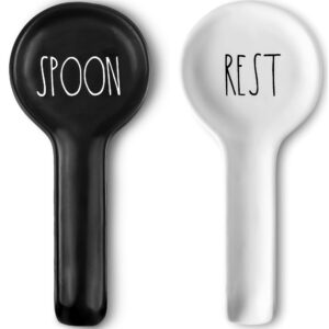 [set of 2] farmhouse spoon rests for kitchen counter by brighter barns - black white ceramic spoon rest for stove top - stove spoon holder for countertop - coffee spoon rest - farmhouse kitchen decor