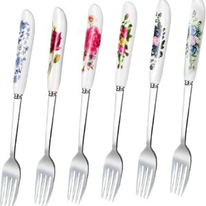 6Pcs Dinner Stainless Steel Forks Silverware - Dinner Fork with Ceramic Handle Stainless Steel Cutlery Forks Set - Dessert Forks and Spoons Silverware for Home, Restaurant and Kitchen Cutlery Sets