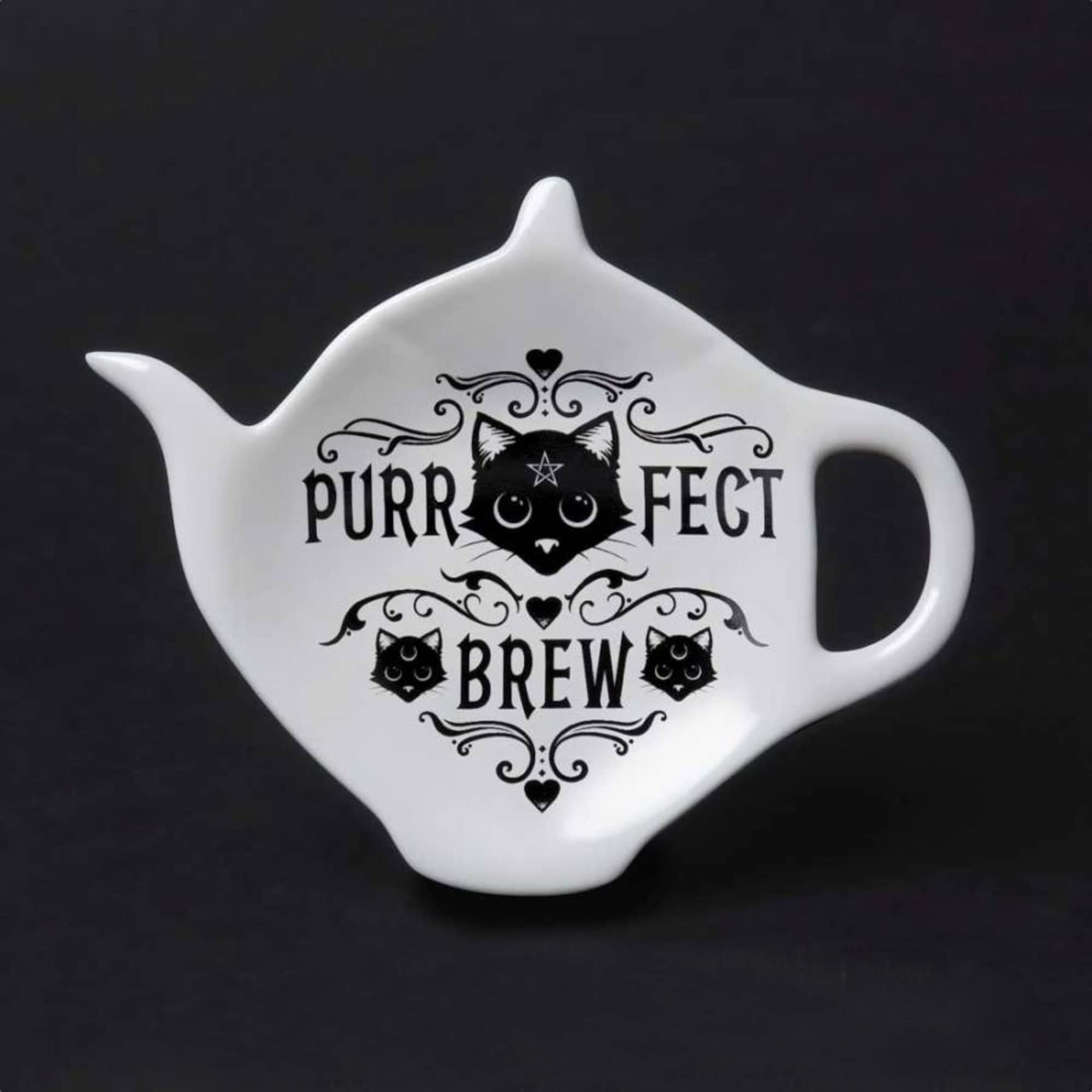 Pacific Giftware Purrfect Brew Spoon and Tea Bag Rest, Collectible Gothic China Utensil Dish, 4.33 Inches x 3.27 Inches x 0.71 Inches, 0.17 LBS