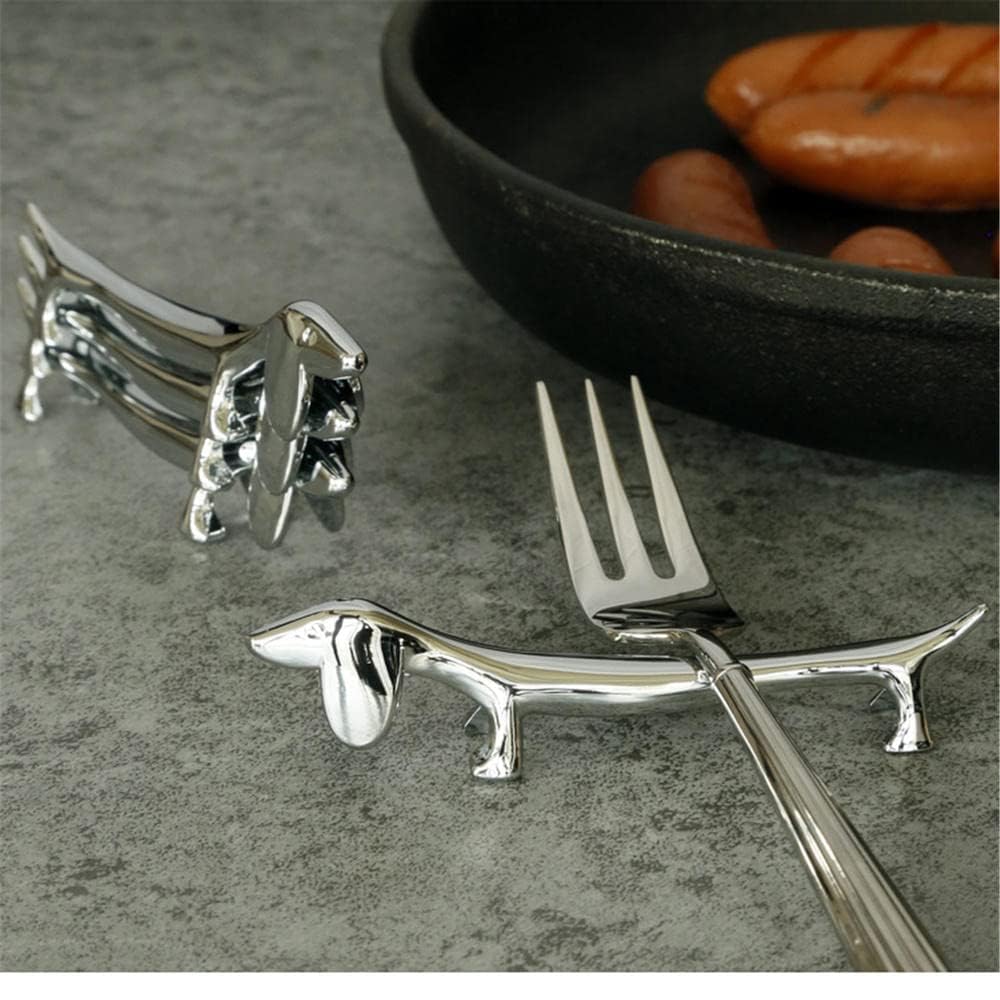 IUAQDP 6 Pieces Dog Chopsticks Holder Metal Dachshund Chopstick Rest Pillow, Silver Puppy Chopstick Rack Stand for Spoon Fork Knife Tableware Brush Home Kitchen Table Decoration