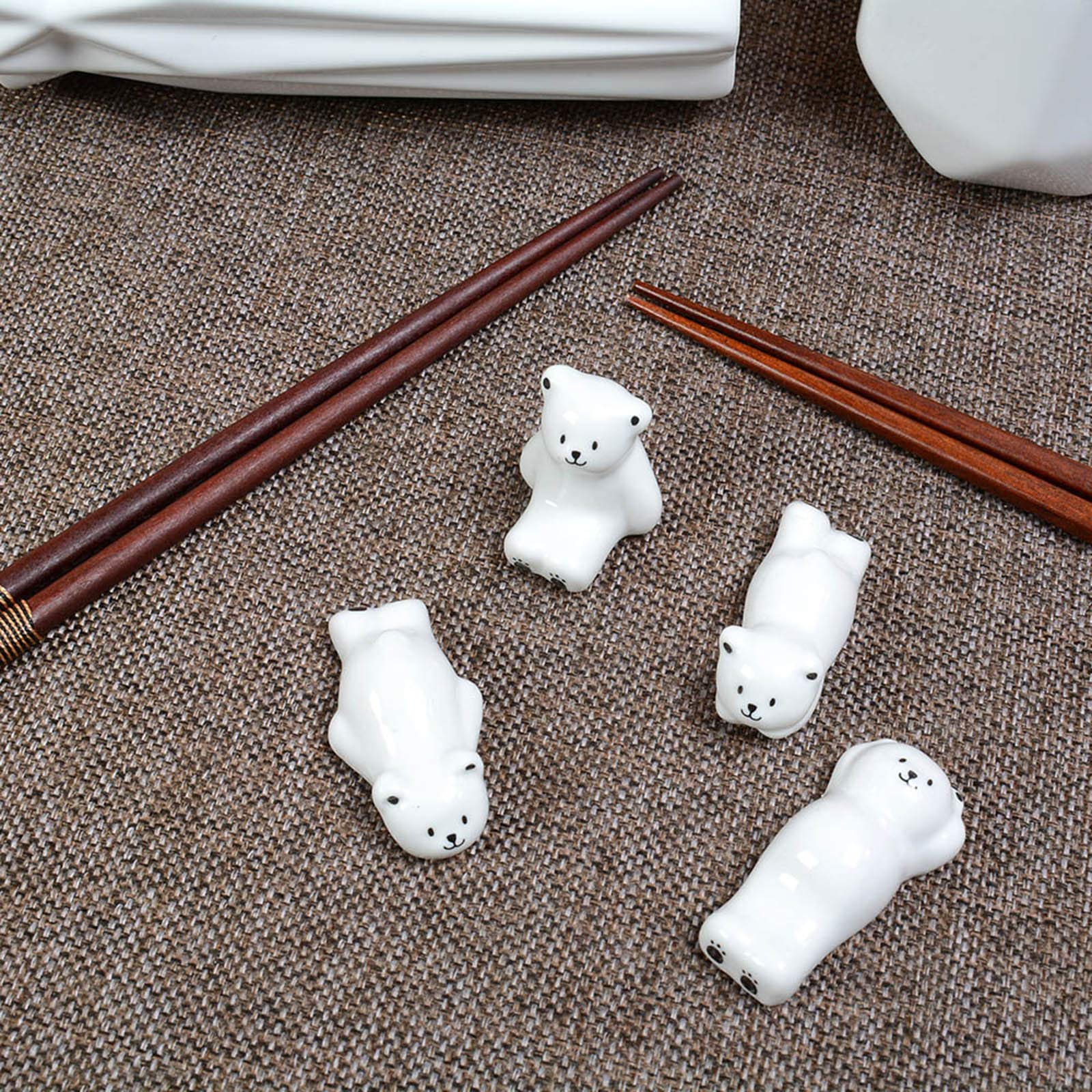 ORYOUGO Set of 4 White Bear Ceramic Chopstick Holder Creative Polar Bears Chopstick Rest Spoon Fork Knife Rack Table Decor