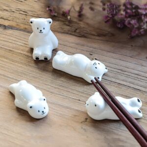 ORYOUGO Set of 4 White Bear Ceramic Chopstick Holder Creative Polar Bears Chopstick Rest Spoon Fork Knife Rack Table Decor