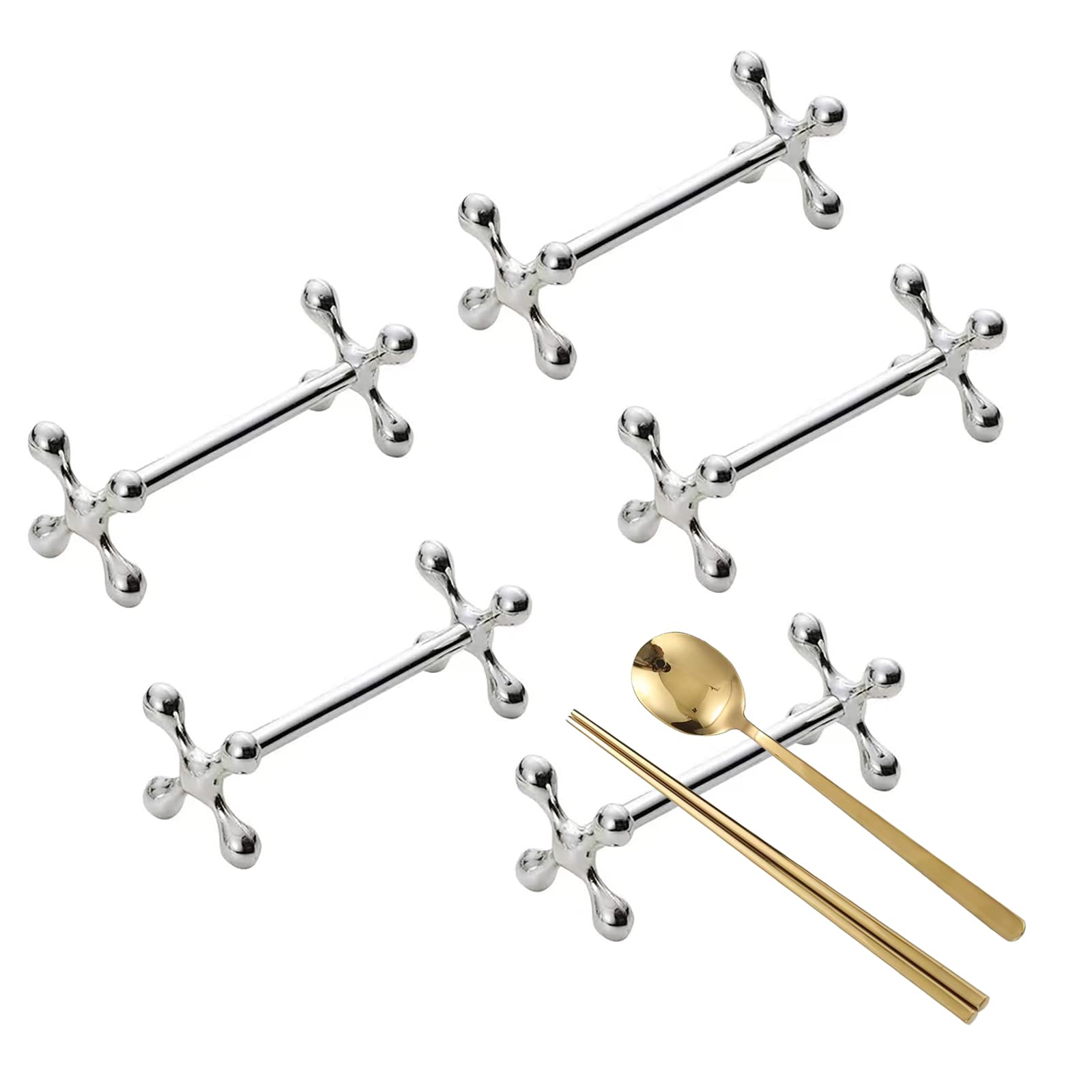 Yuxitia 5 Pcs Zinc Alloy Flower Chopsticks Rest Spoons Stand Forks Knifes Holder Rack Stand Metal Craft Table Decoration Silver