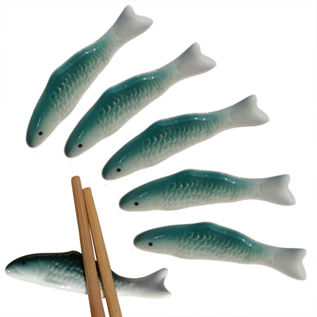 MULHUE Mini Ceramic Green Fish Chopsticks Rest Rack Dinner Spoon Stand Knife Fork Holder Chopsticks Stand(Set of 6)