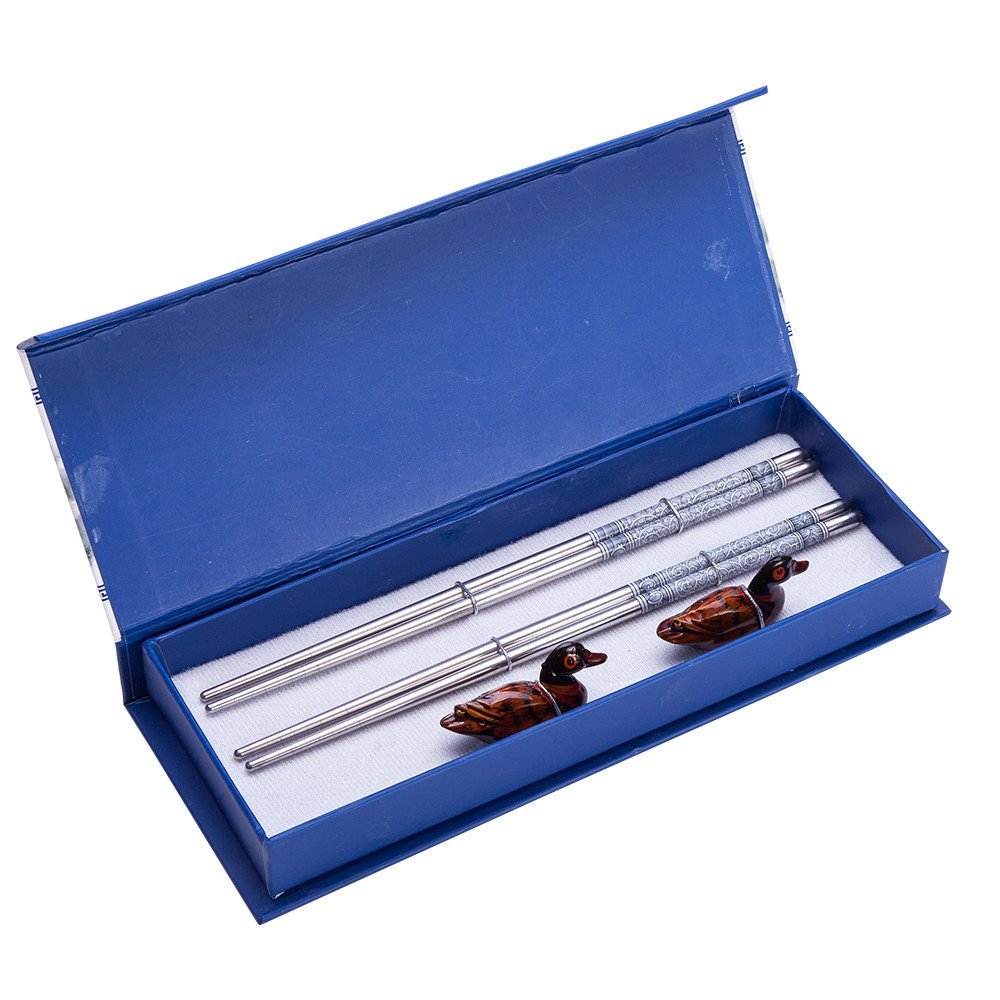 4 (2 pairs) Silver Stainless Steel Chopsticks & Mandarin Duck Holders Set In Gift Box