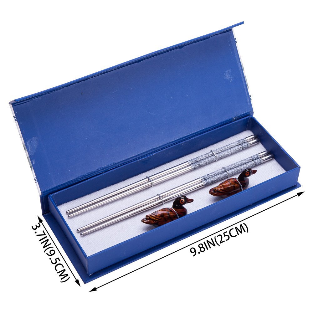 4 (2 pairs) Silver Stainless Steel Chopsticks & Mandarin Duck Holders Set In Gift Box