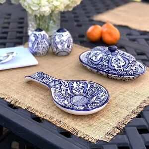 Encantada MC125F Handmade Pottery Spoon Rest, Blue Flower