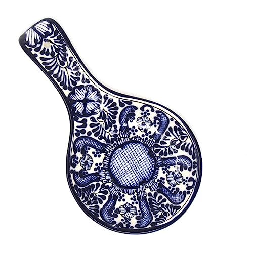 Encantada MC125F Handmade Pottery Spoon Rest, Blue Flower