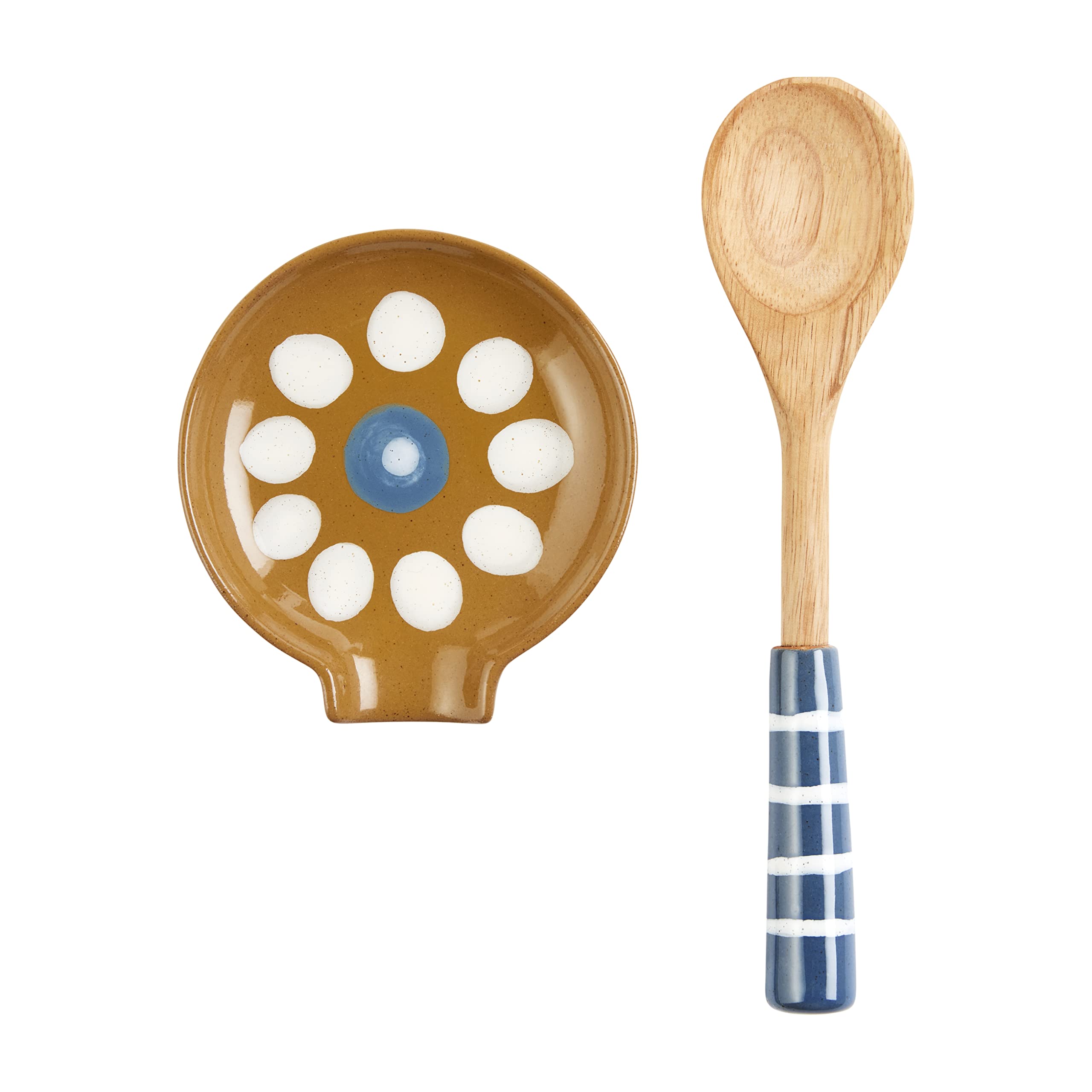 Mud Pie Dotted Striped Spoon Rest Set; Rest 5" Dia | Spoon 10 1/2"