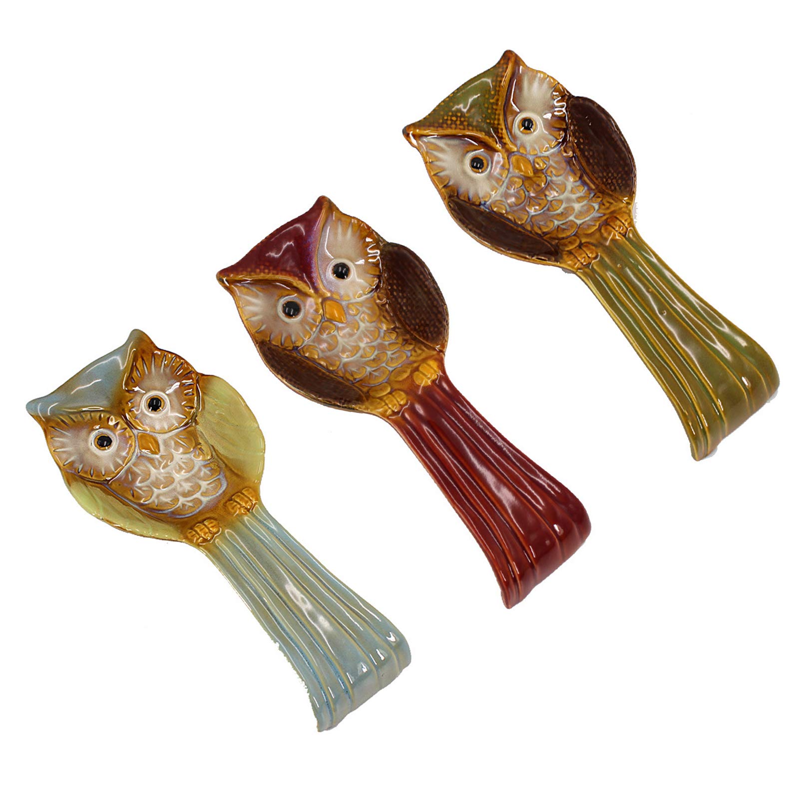 MSUIINT 3 Pieces Owl Spoon Rest, Ceramic Ladle Holder Utensil Rester Modern Farmhouse Spoon Holder, Cooking Utensil Dining Table Decoration for Kitchen Counter Dining Table Coffee Station