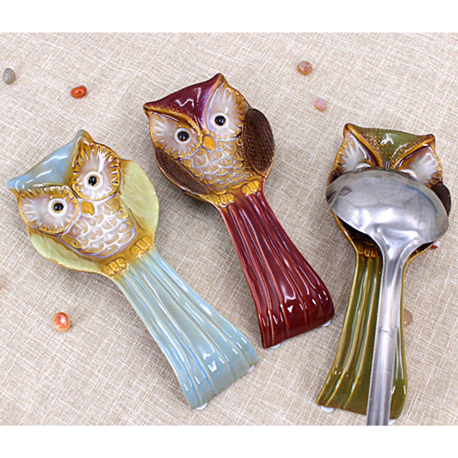 MSUIINT 3 Pieces Owl Spoon Rest, Ceramic Ladle Holder Utensil Rester Modern Farmhouse Spoon Holder, Cooking Utensil Dining Table Decoration for Kitchen Counter Dining Table Coffee Station