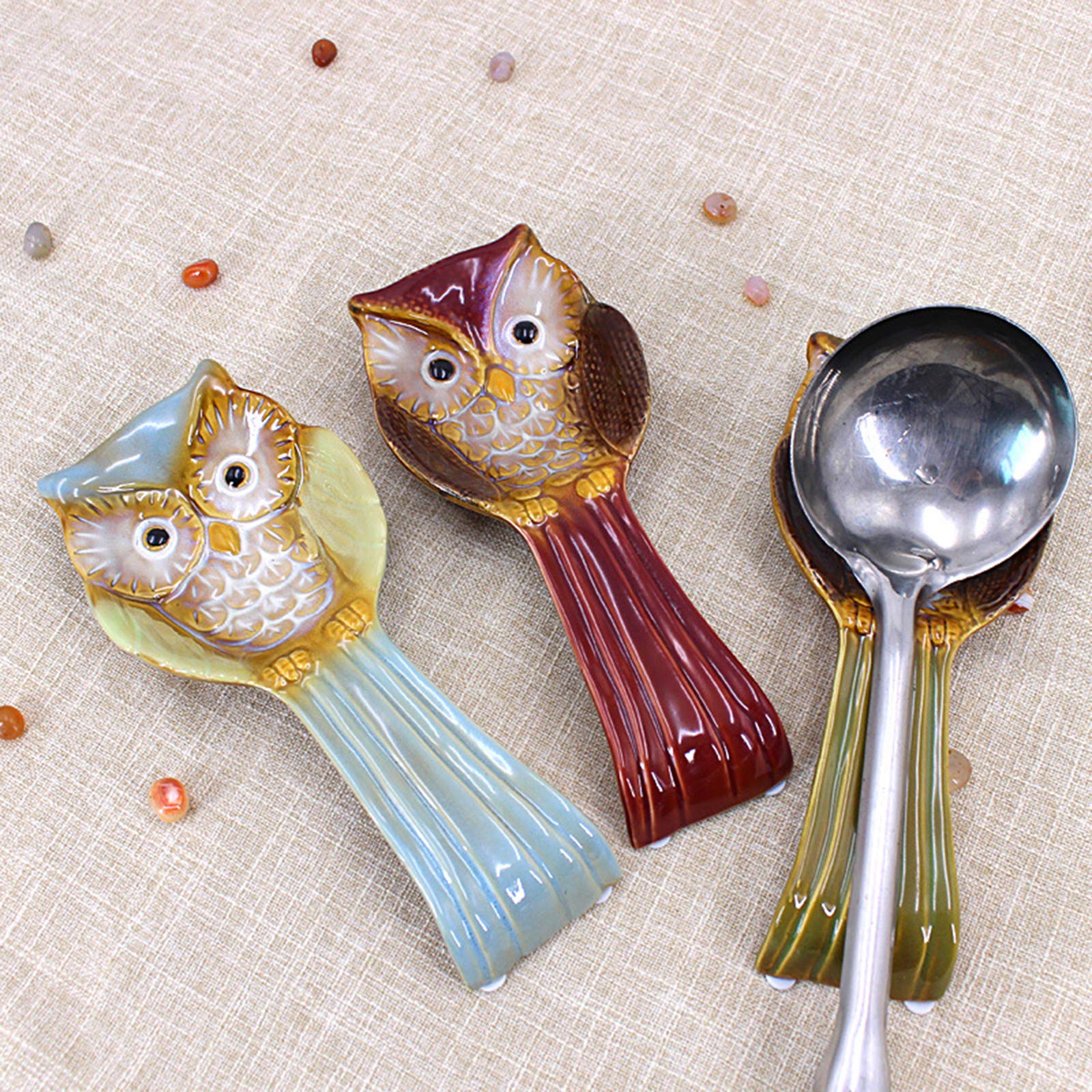 MSUIINT 3 Pieces Owl Spoon Rest, Ceramic Ladle Holder Utensil Rester Modern Farmhouse Spoon Holder, Cooking Utensil Dining Table Decoration for Kitchen Counter Dining Table Coffee Station