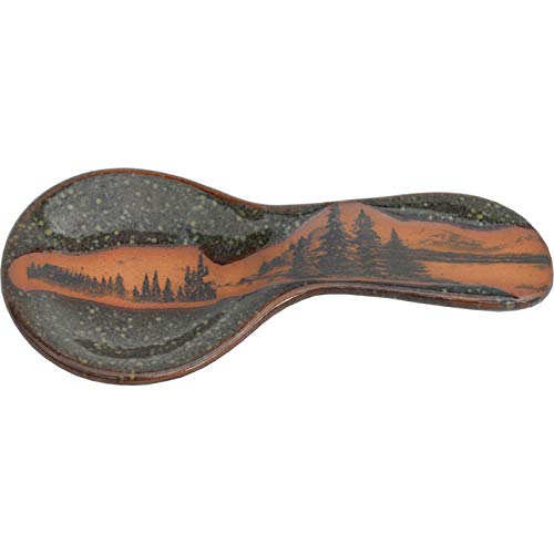 ALWAYS AZUL POTTERY 9.5 Inch Long Spoon Rest in Mountain Scene Design and Seamist Glaze - Handmade Pottery Cookware Accessories - Kitchen Countertop Holder for Giant Spatula, Ladle & More