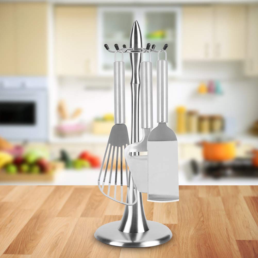 Kitchen Countertop Utensil Holder,304 Stainless Steel Cooking Utensils Set with Holder, with 8 Rotating Hooks,for Spoon, Spatula, Soup Ladle, Spaghetti Server, Skimmer