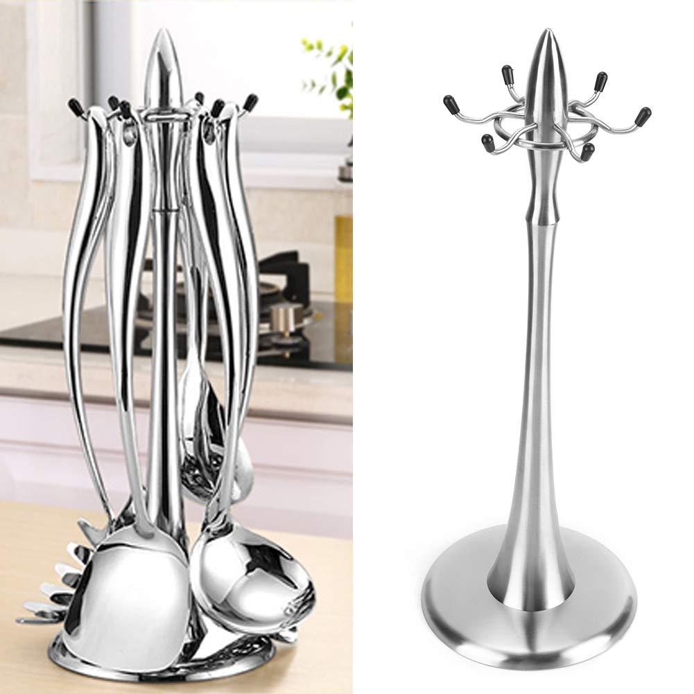 Kitchen Countertop Utensil Holder,304 Stainless Steel Cooking Utensils Set with Holder, with 8 Rotating Hooks,for Spoon, Spatula, Soup Ladle, Spaghetti Server, Skimmer