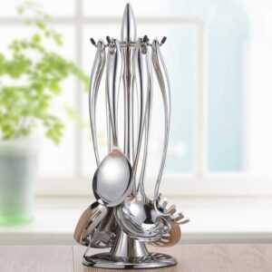 Kitchen Countertop Utensil Holder,304 Stainless Steel Cooking Utensils Set with Holder, with 8 Rotating Hooks,for Spoon, Spatula, Soup Ladle, Spaghetti Server, Skimmer