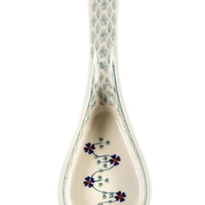 Polish Pottery Basketweave Green Floral Spoon Rest, 10.25”L x 3.5”W x 1.5”H