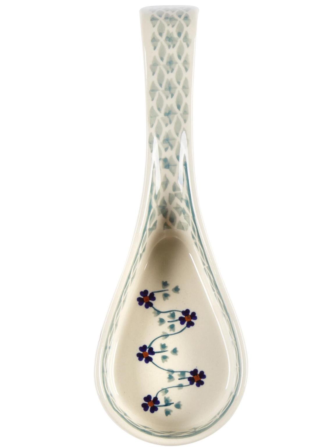 Polish Pottery Basketweave Green Floral Spoon Rest, 10.25”L x 3.5”W x 1.5”H