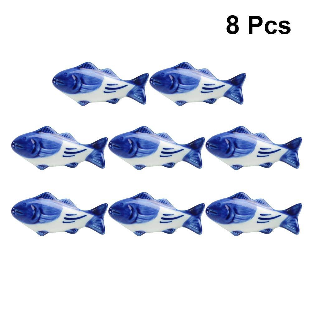 DOITOOL 8pcs Creative Chopsticks Rest Cute Fish Shaped Chopsticks Rack Ceramic Fork and Knife Holder Spoon Stand (Blue+White)