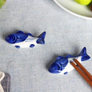 DOITOOL 8pcs Creative Chopsticks Rest Cute Fish Shaped Chopsticks Rack Ceramic Fork and Knife Holder Spoon Stand (Blue+White)