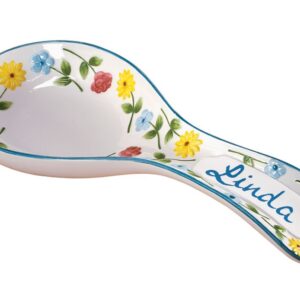 Personalized Dolomite Floral Spoon Rest, 8” Long by 3 1/4” Wide, Customizable Cooking Utensil Rest for Stovetop or Kitchen Counter, Housewarming Gift