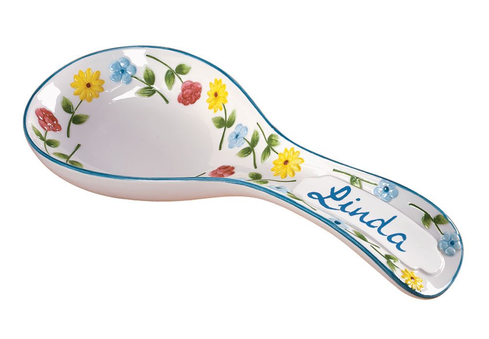 Personalized Dolomite Floral Spoon Rest, 8” Long by 3 1/4” Wide, Customizable Cooking Utensil Rest for Stovetop or Kitchen Counter, Housewarming Gift