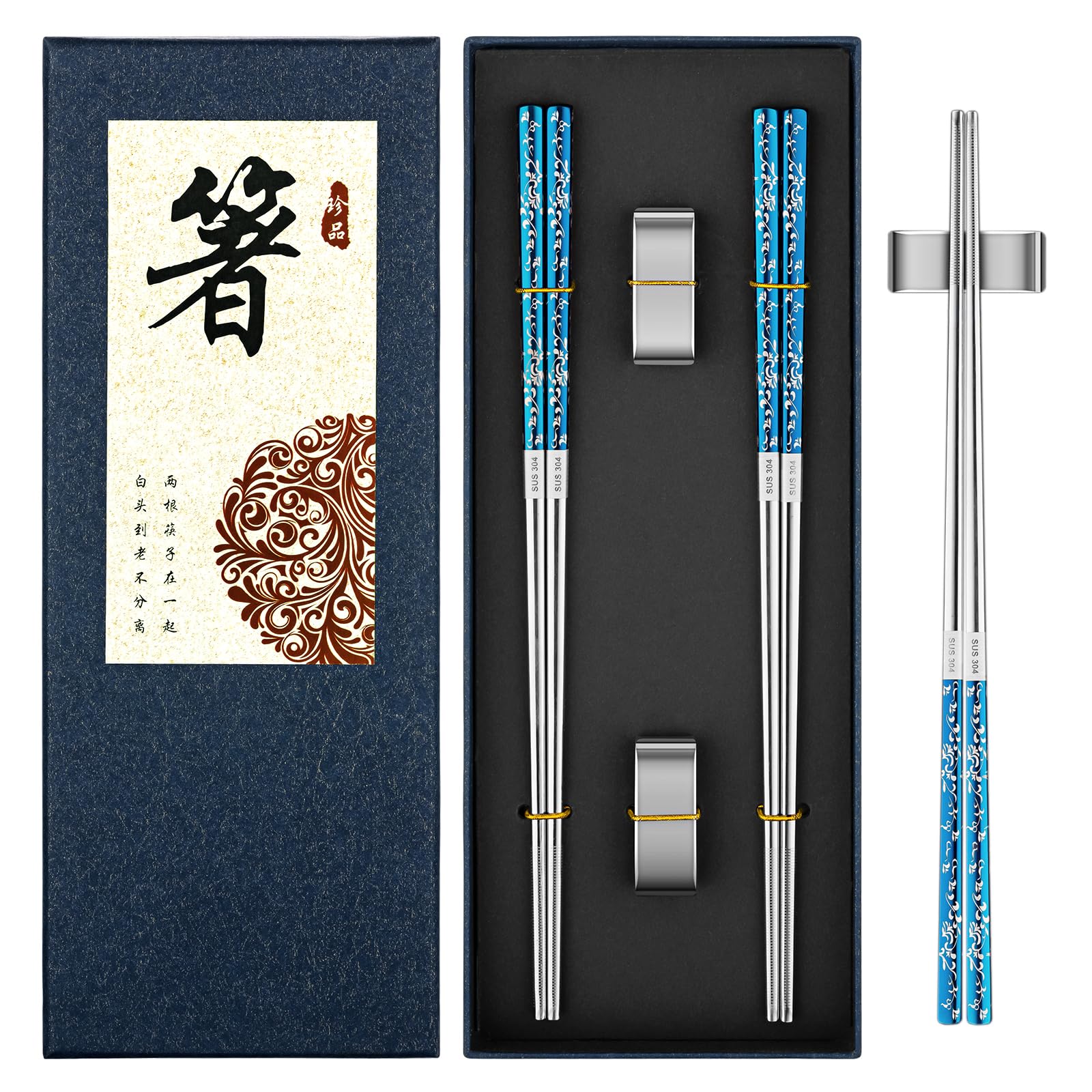 FOFAYU Metal Chopsticks Reusable 2 Pairs Titanium Plated Stainless Steel Chopsticks with Holder, Dishwasher Safe Non-Slip Japanese Style Chop Sticks Gift Set (Blue Silver)